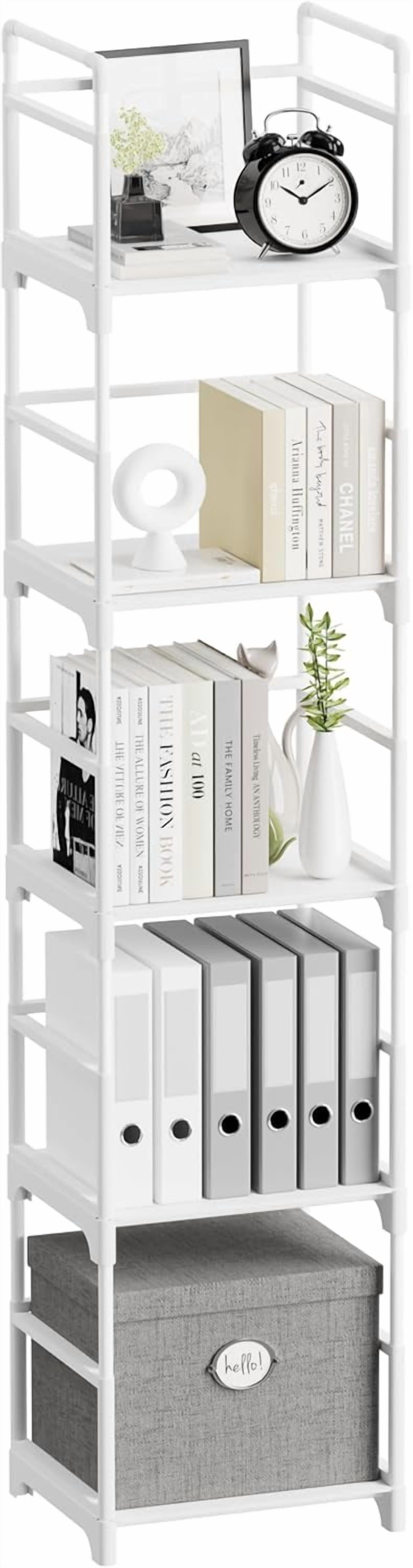 5 Tiers Narrow Bookshelf White Skinny Book Shelf Slim Thin Open ...