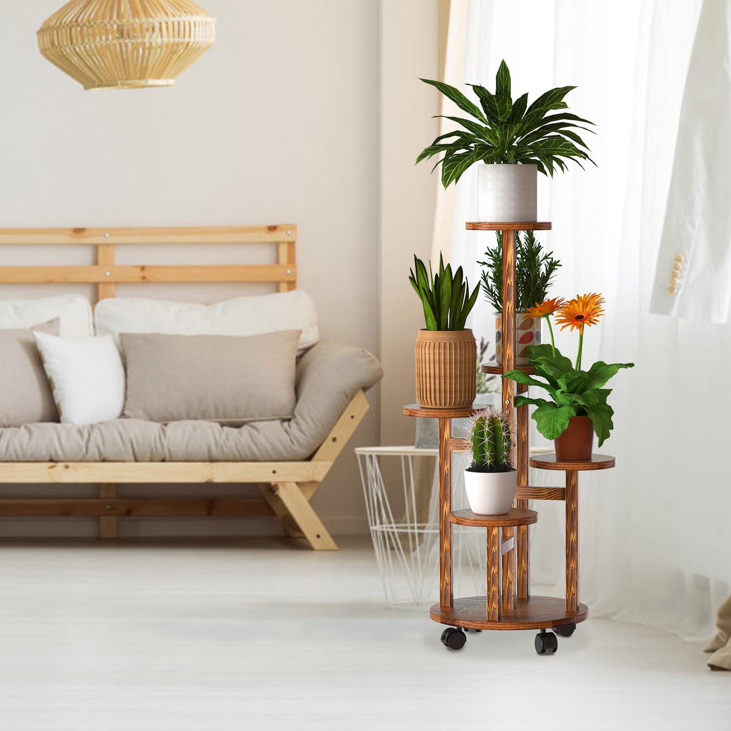 5 Tiers Plant Display Stand with 4 Detachable Wheels Wooden Plant Pot ...