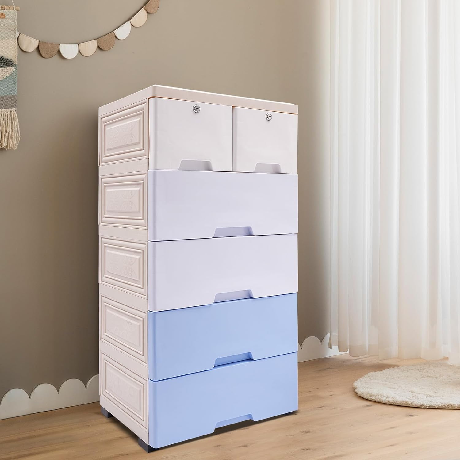 5 Tiers Plastic Drawers Dresser with Wheels, Mobile Storage Cabinet ...