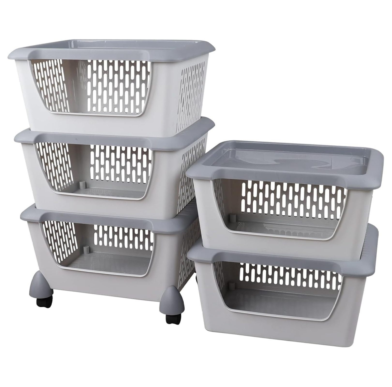 5 Tiers Plastic Stackable Baskets with Wheels, Grey Stacking Organizer ...