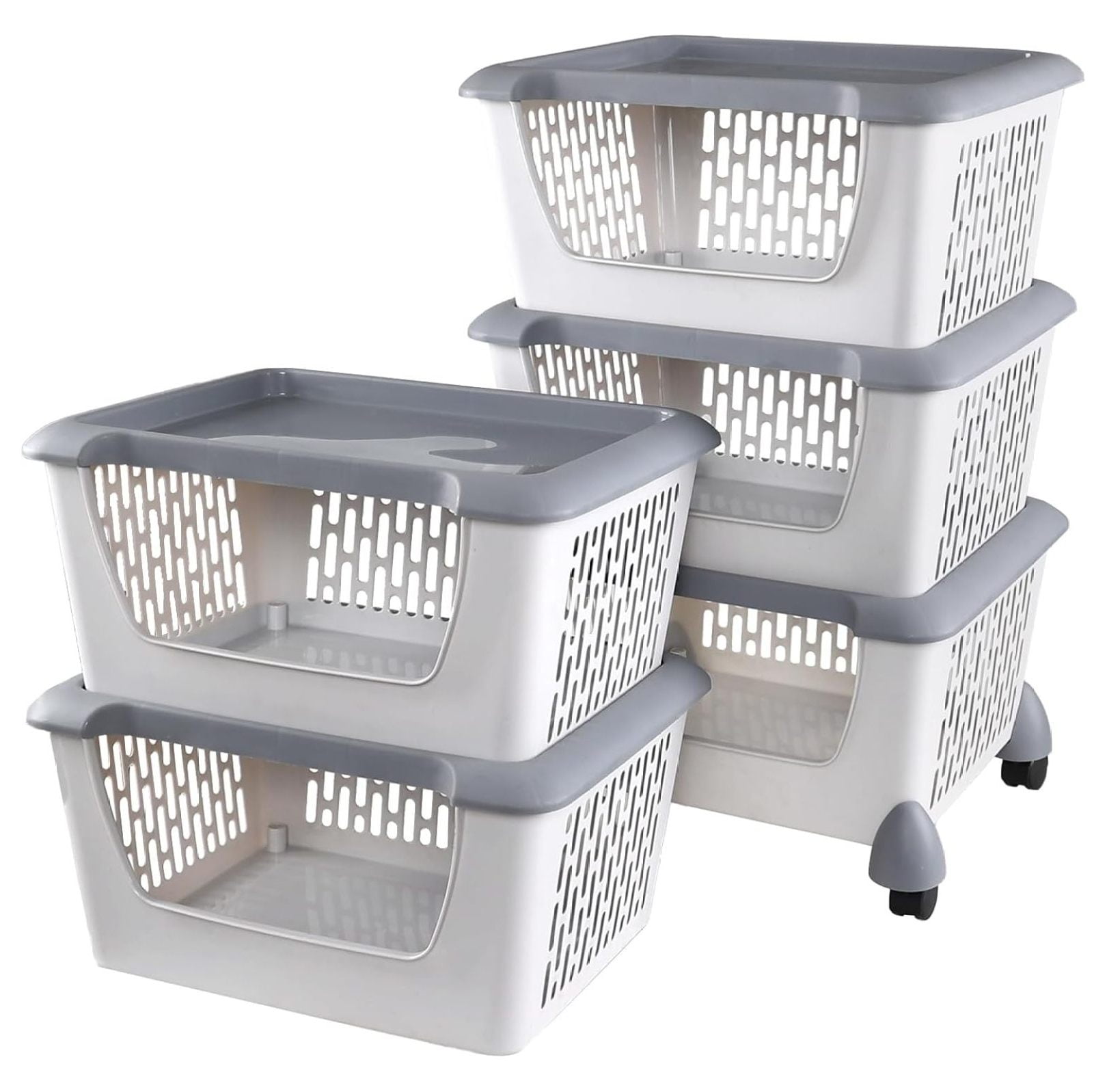 5 Tiers Plastic Stackable Storage Basket Rack with Wheels, Large ...