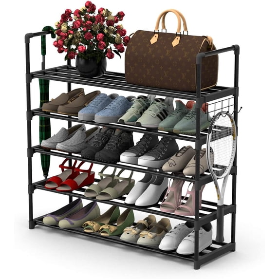 5 Tiers Shoe Rack,Adjustable Shoe Shelf Storage Organizer with Hooks ...