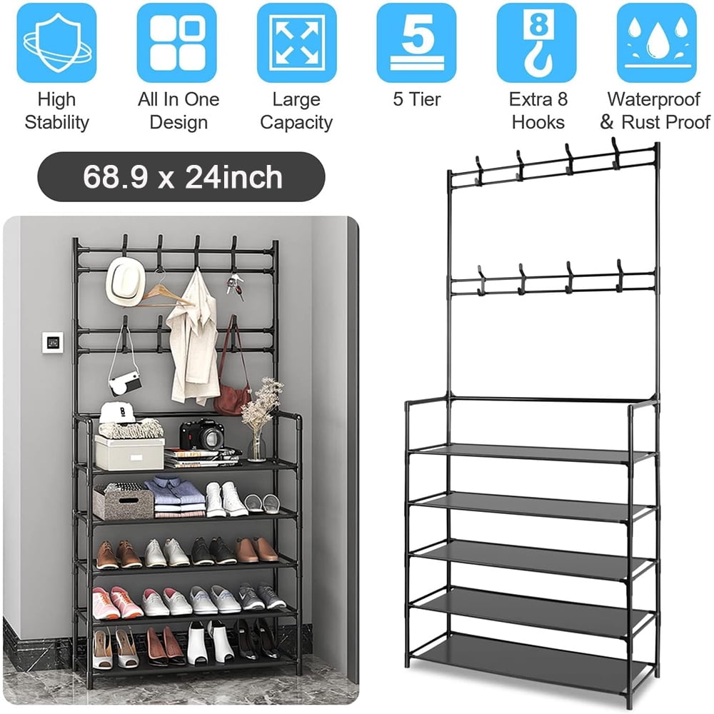 5 Tiers Shoe Rack Coat Rack Multi-functional Freestanding Shoe Shelf ...