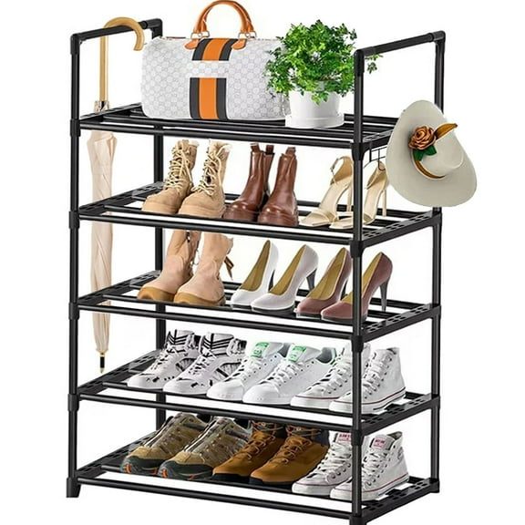 3 Tier Shoe Rack for Closet, Shoe Organizer with 5 Hooks, Long Shoe ...