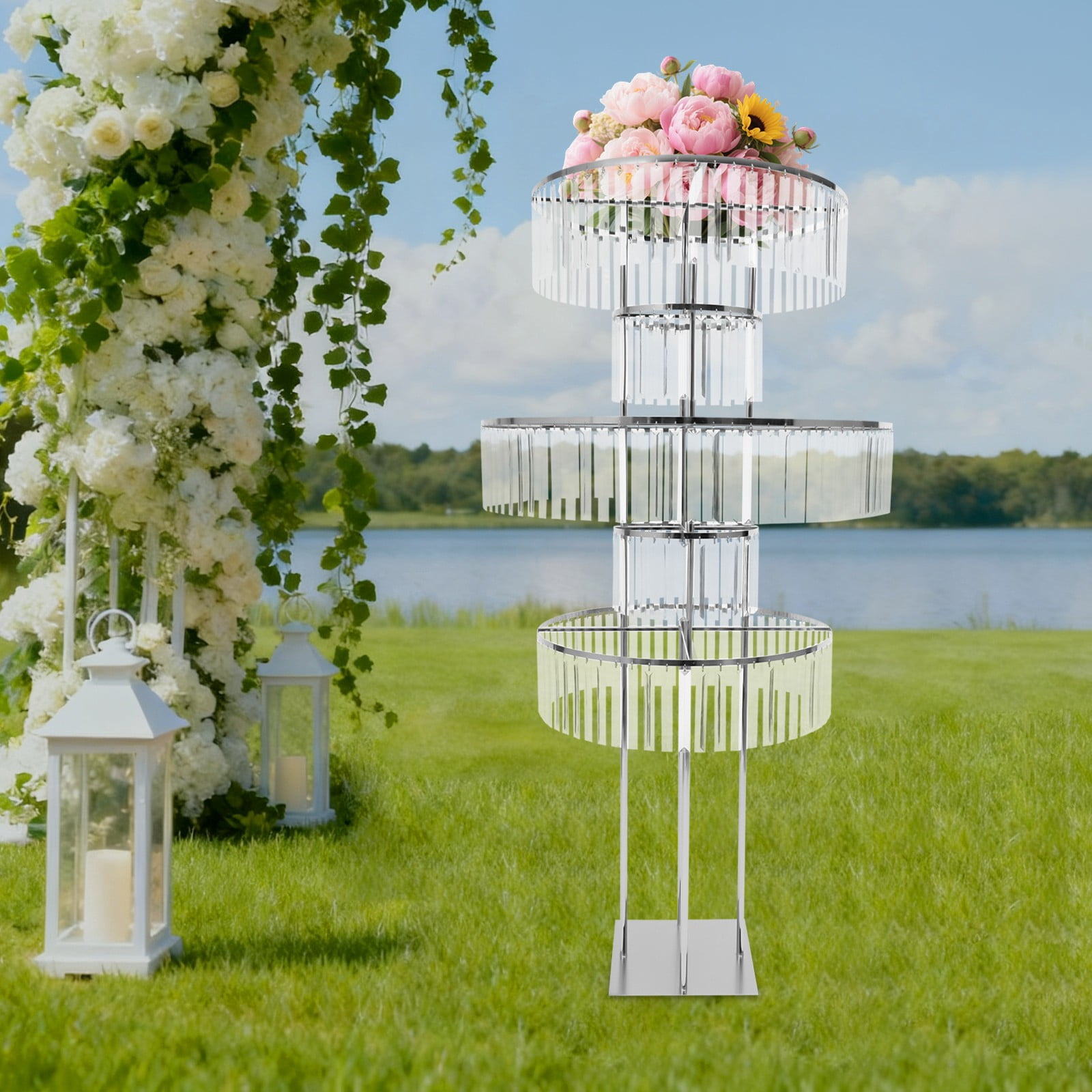 5 Tiers Silver Metal Pedestal Stand Wedding Flower Stand Square Base ...