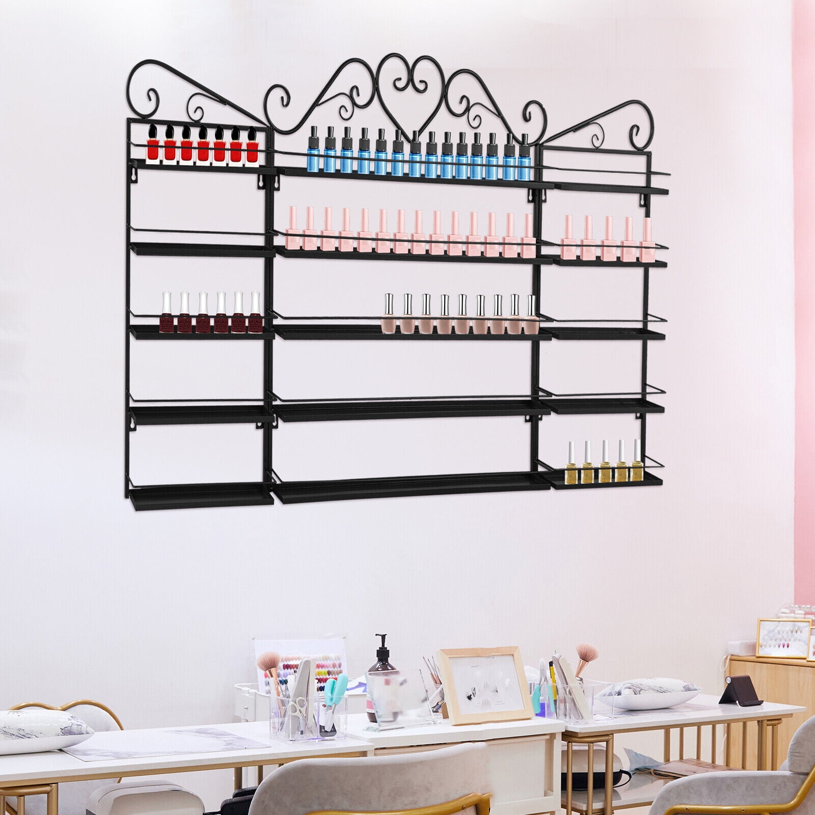 5 Tiers Wall-Mounted Nail Polish Storage Racks Black Metal Nail Polish ...