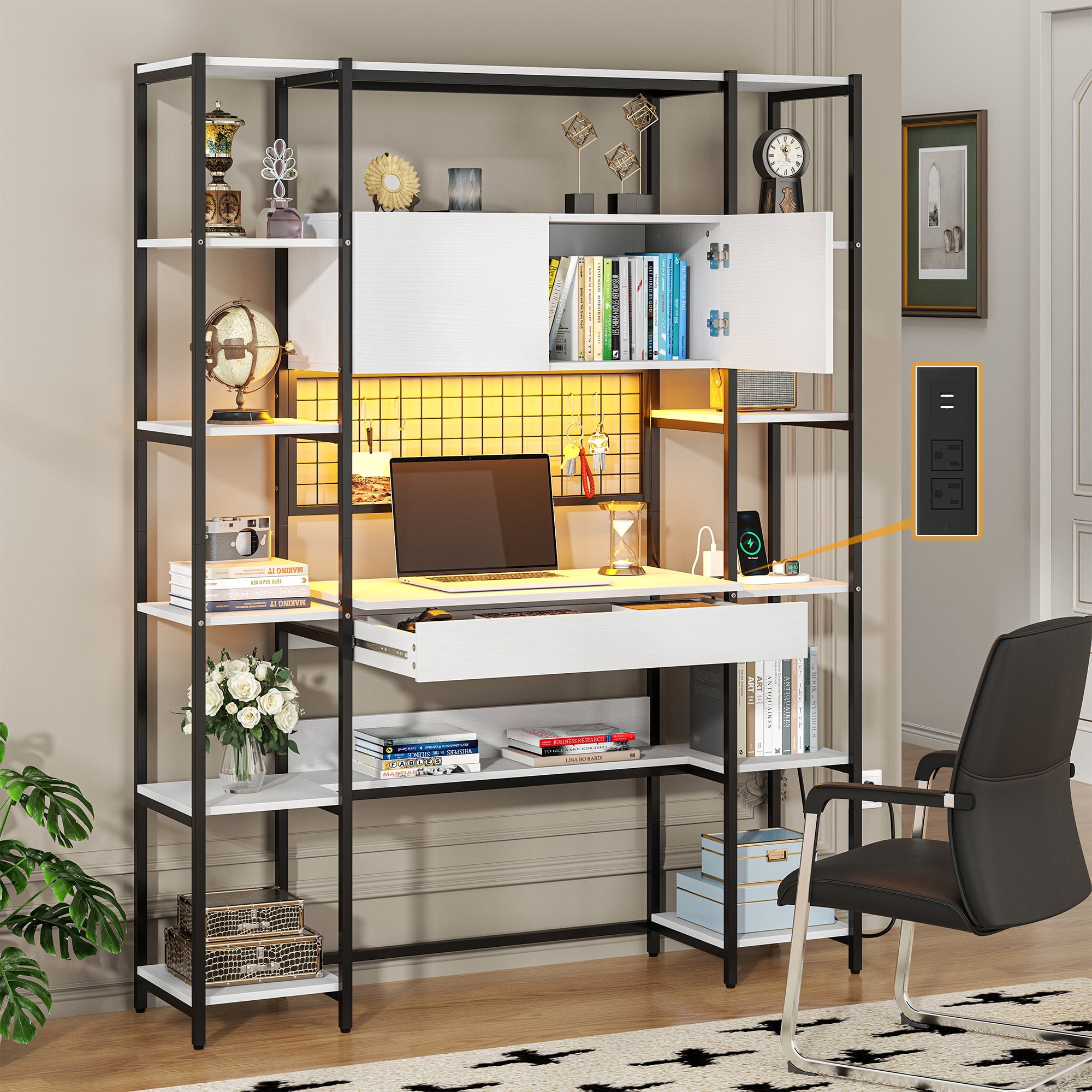 5 Tiers White Bookshelf with Home Office Desk and RGB Lights and Power ...