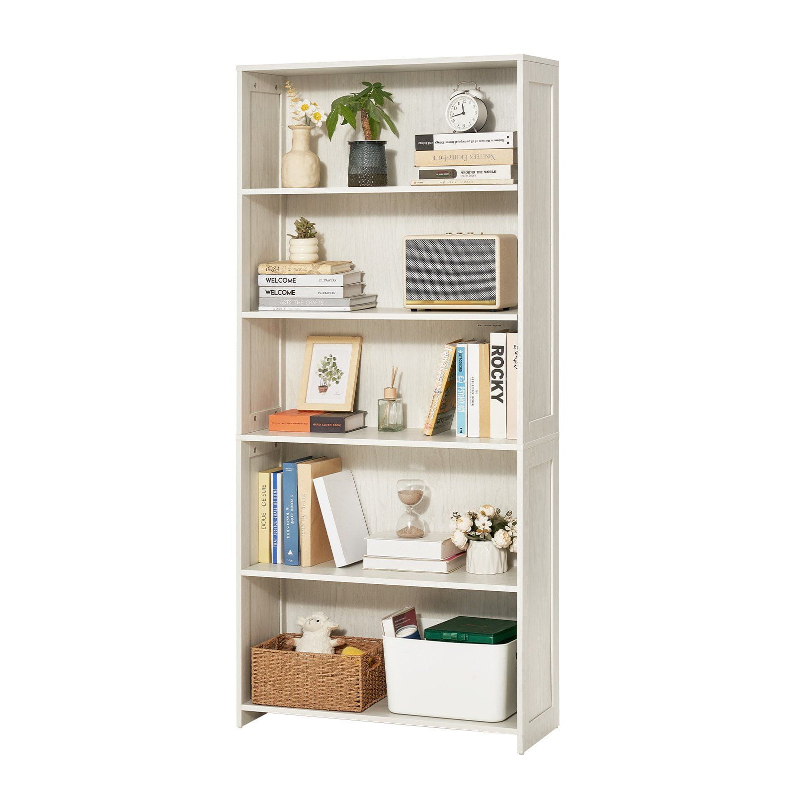 Modern 5-Tier Open Bookshelf, 68" Freestanding Wooden Bookcase in White ...