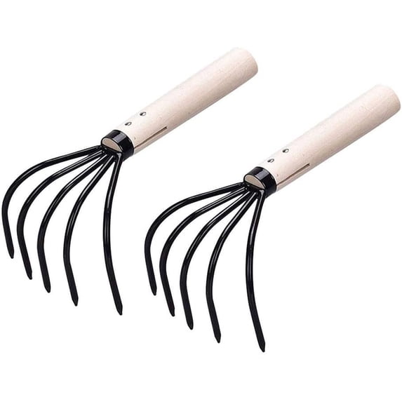 5-Tine Hand Cultivator - Set Of 2 Small Rakes With Wooden Handles - For ...