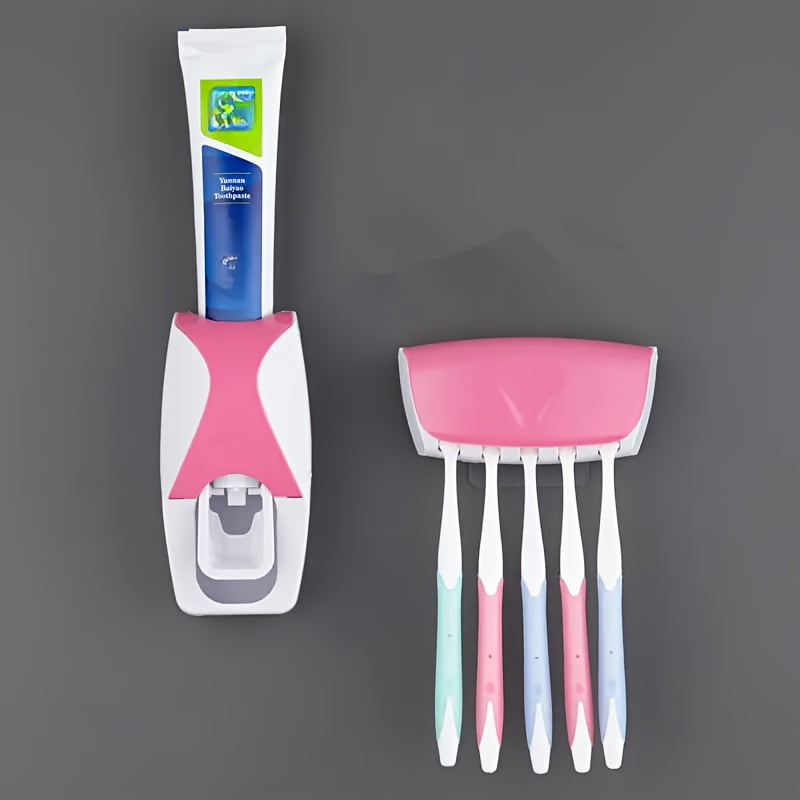 5-Toothbrush Holder with Toothpaste Dispenser - No Drill Wall Mount ...