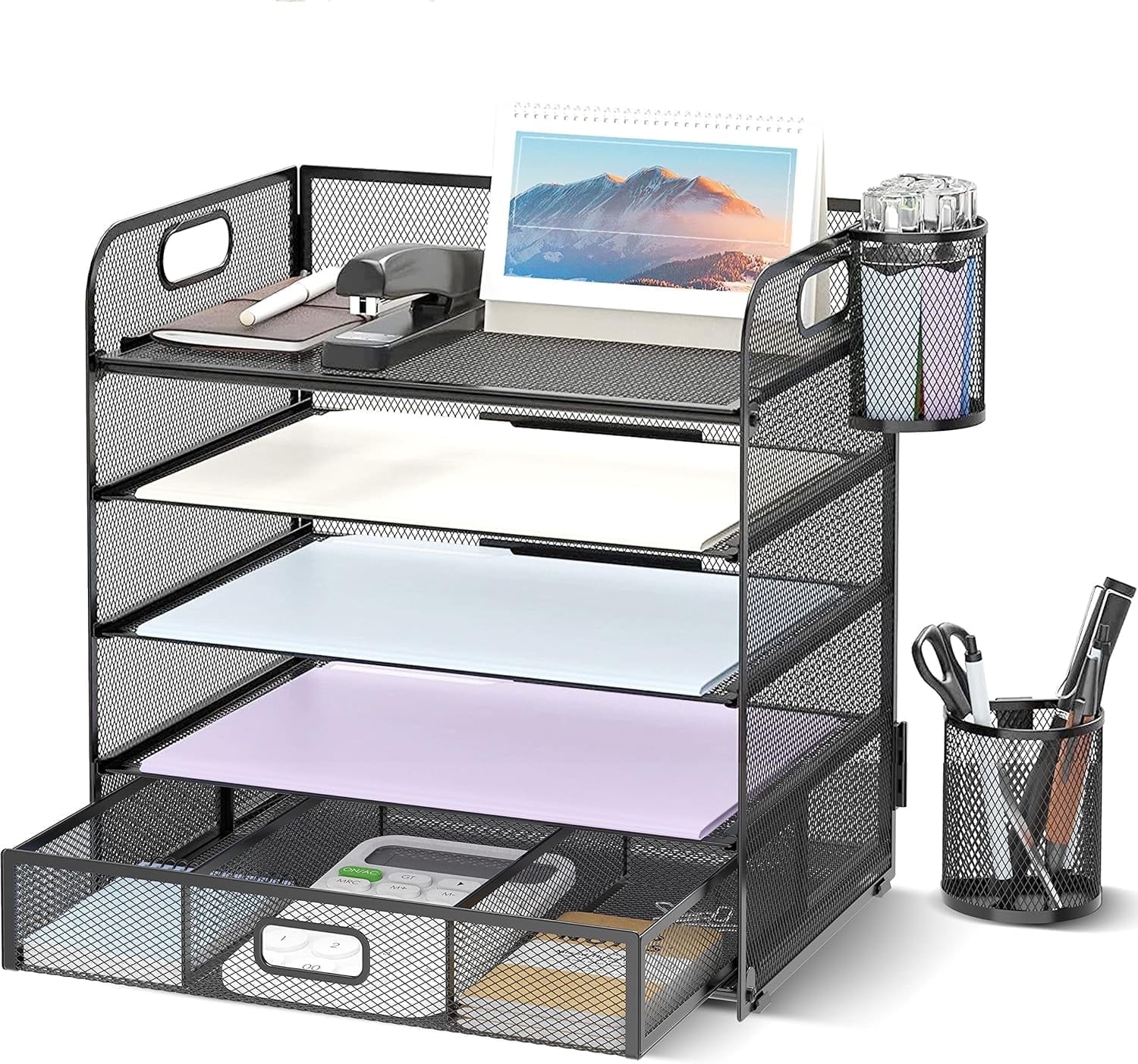 INTIGE 5-Tier Metal Desktop File Organizer with Handle, Drawer and Pen ...