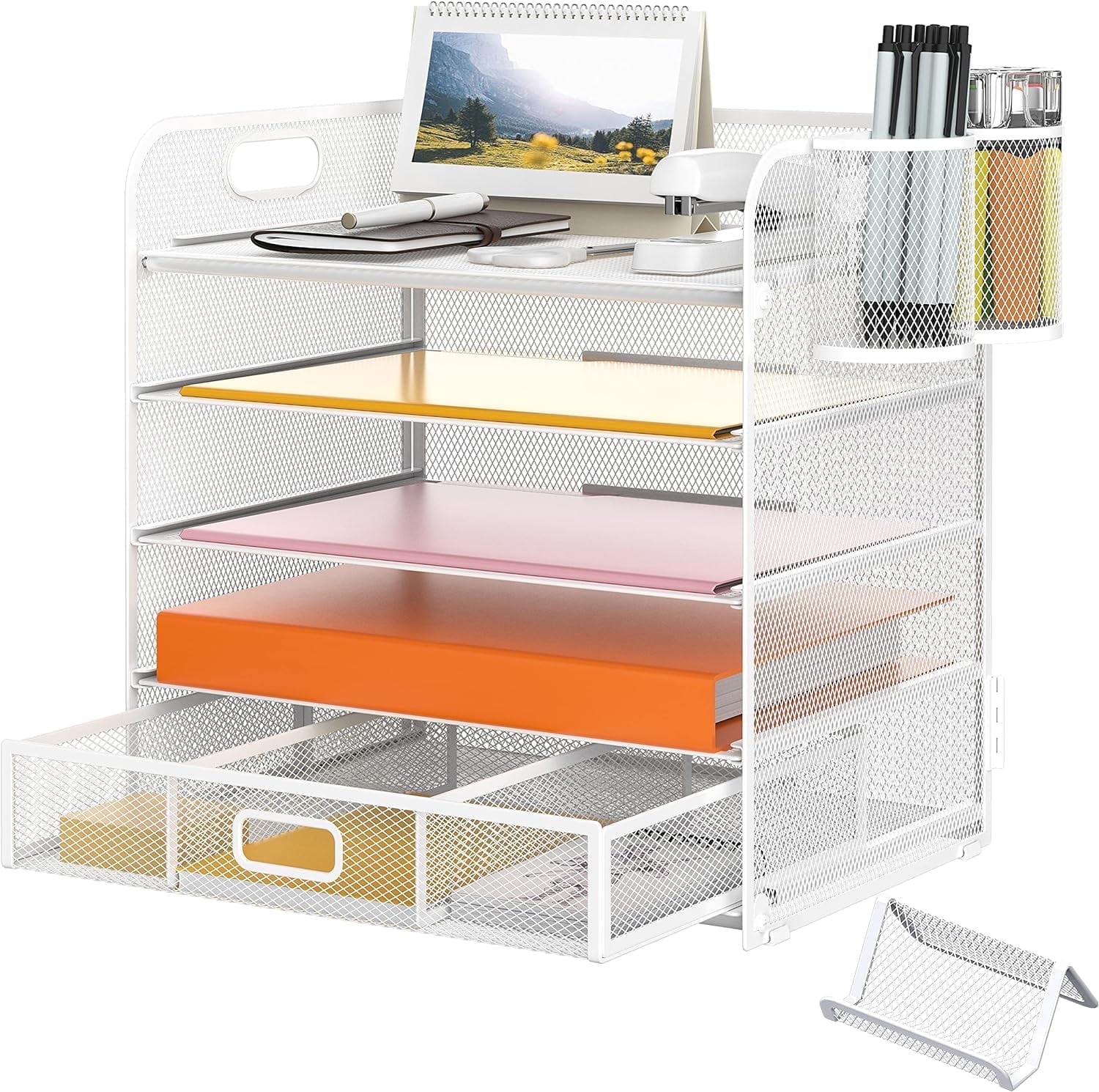 INTIGE 5-Tier Metal Desktop File Organizer with Handle, Drawer and Pen ...