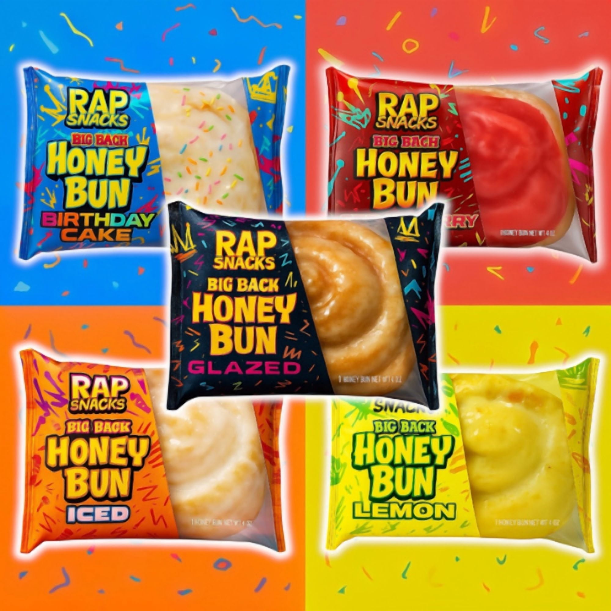 5 Veriety Pack 4oz Jumbo Big Back Honey Buns Rap Snacks Iced, Glazed ...