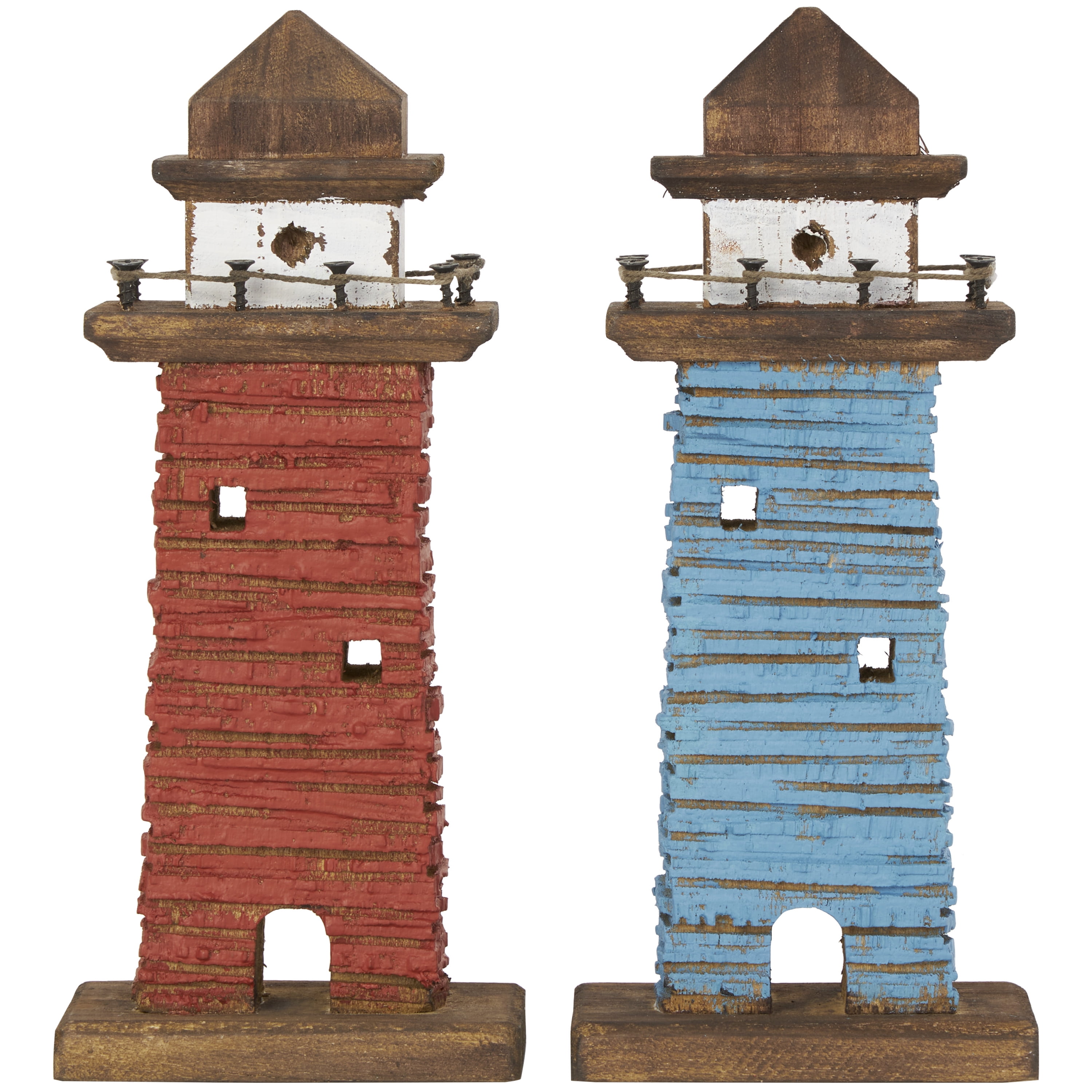 DecMode Nautical Red and Blue Wooden Lighthouse Sculptures Set of 2 ...