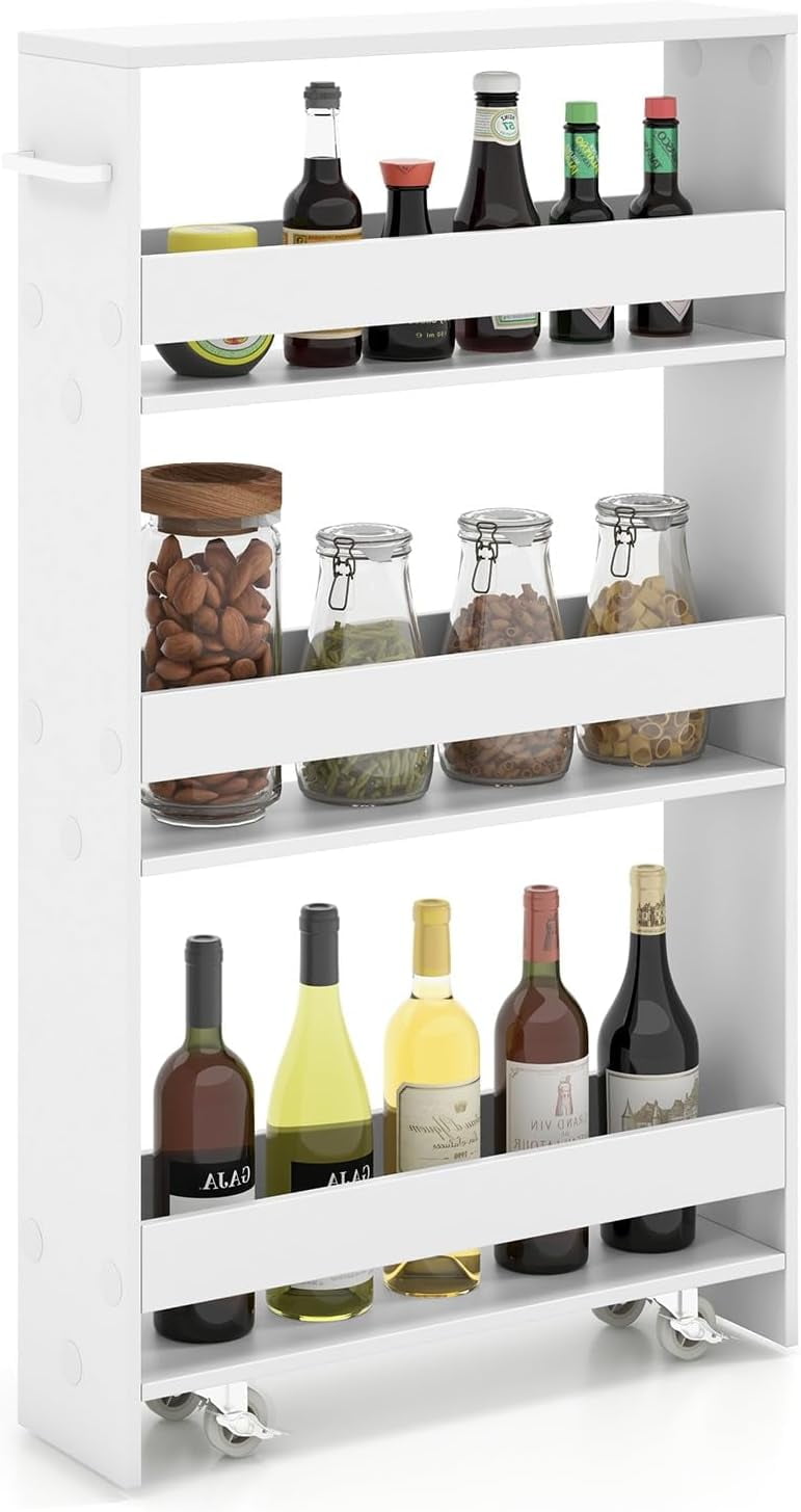 5”W Wooden Slim Rolling Storage Cart, 4 Tier Rolling Spice Rack with ...