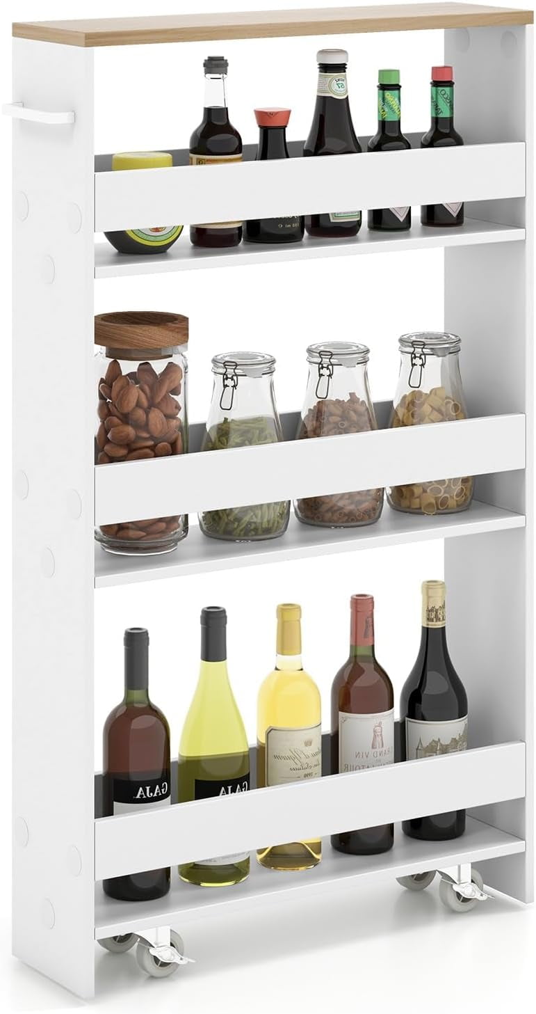 5”W Wooden Slim Rolling Storage Cart, 4 Tier Rolling Spice Rack with ...