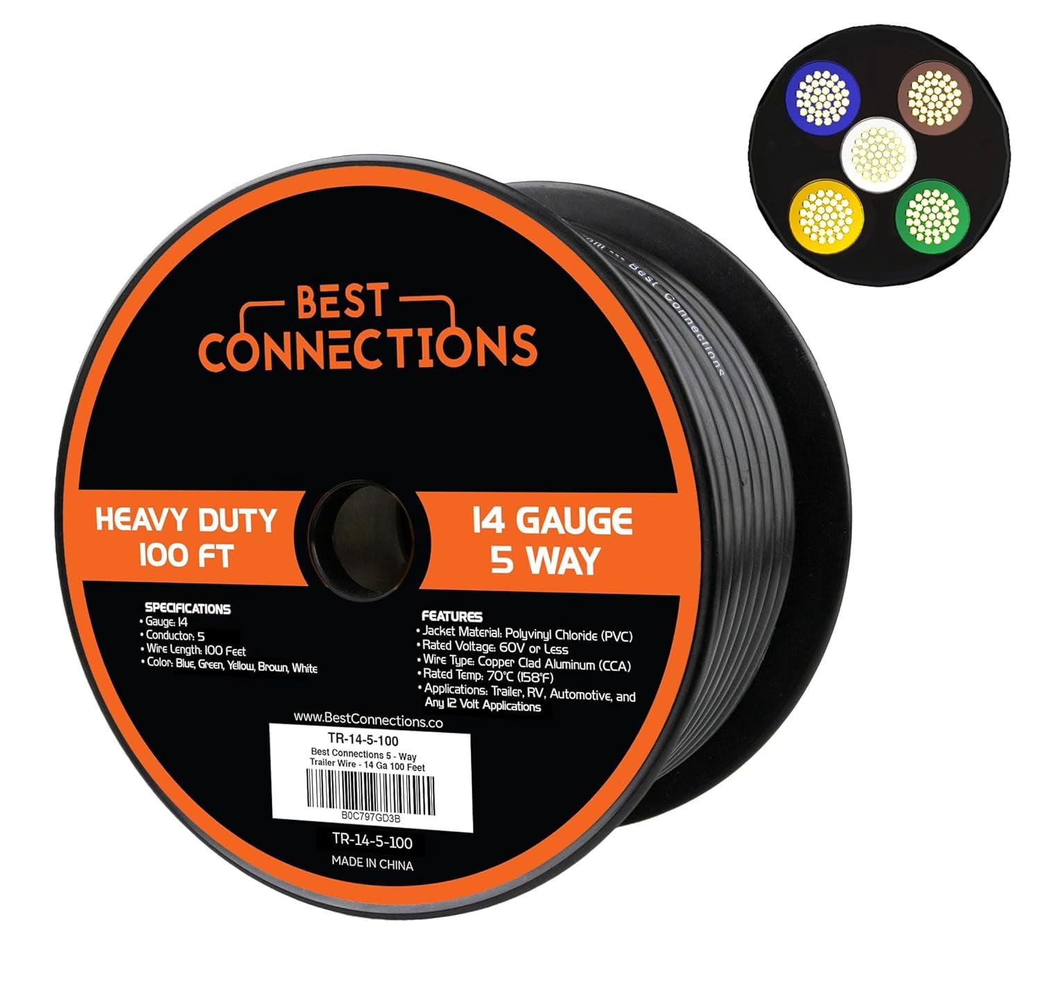 Best Connections 5 Way Trailer Wire, Heavy Duty 14 Gauge, 5 Conductor ...