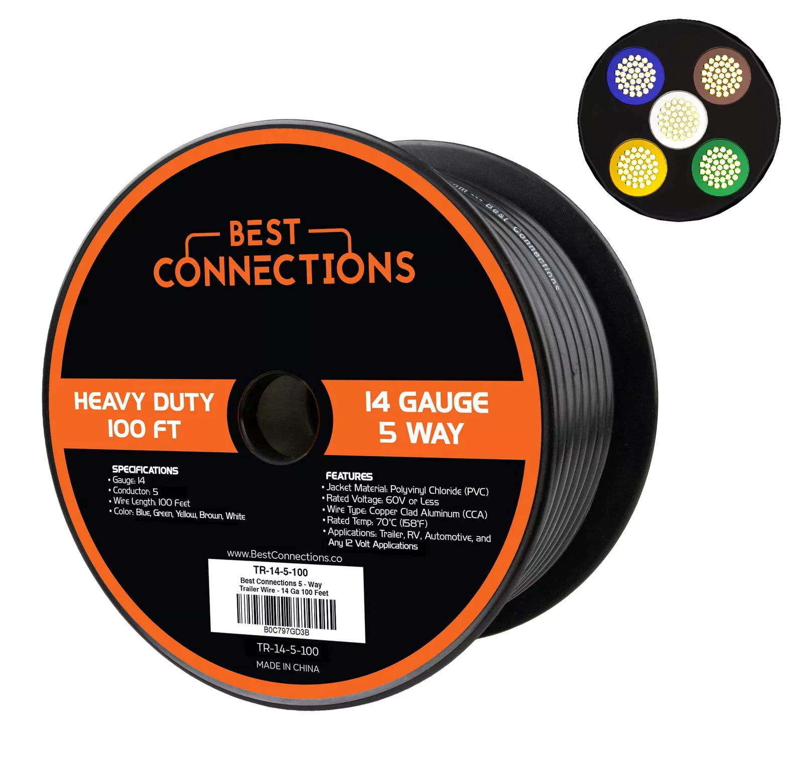 5 Way Trailer Wire (100 Feet) – Heavy Duty 14 Gauge 5 Conductor ...