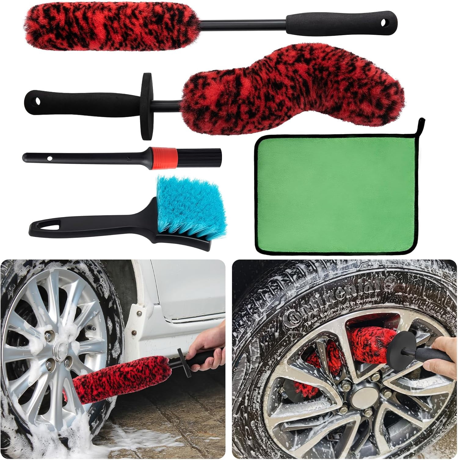 5 Wheel and Cleaner Brushes Kit Rim Soft Microfiber No Spatter Bendable ...