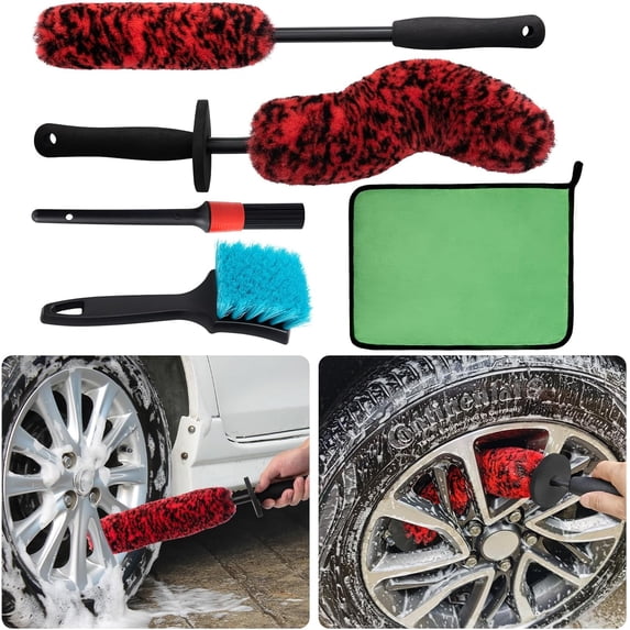 5 Wheel and Cleaner Brushes Kit Rim Soft Microfiber No Spatter Bendable ...