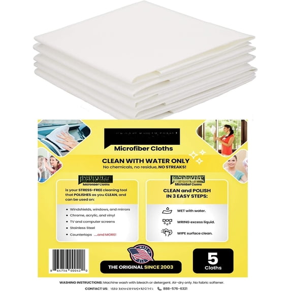 5 White (TM) Microfiber Glass and Mirror Cleaning Cloths 16 x 16 inches ...