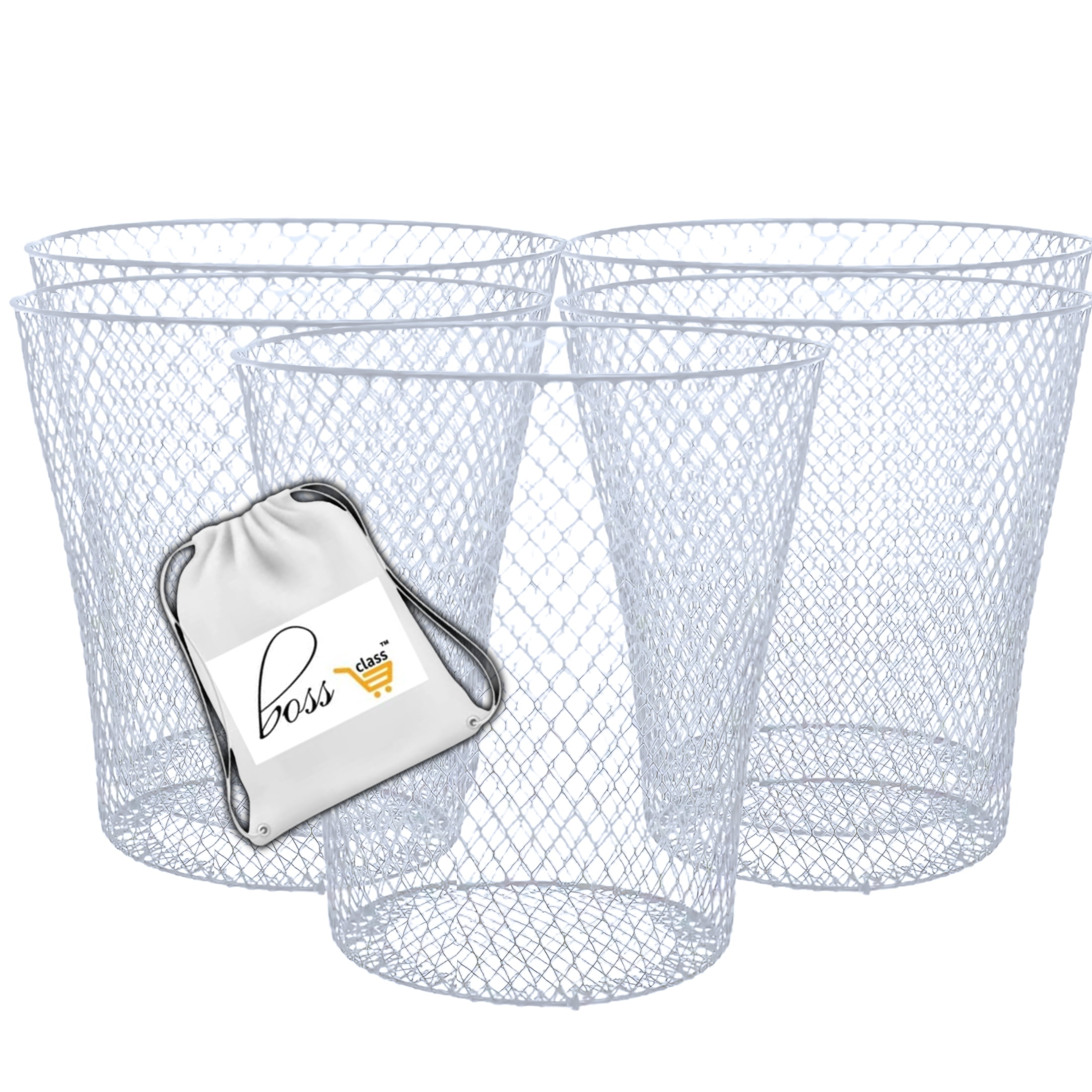 (5) White Wire Mesh Round Waste Basket, 9in Lightweight Trash Can Open ...