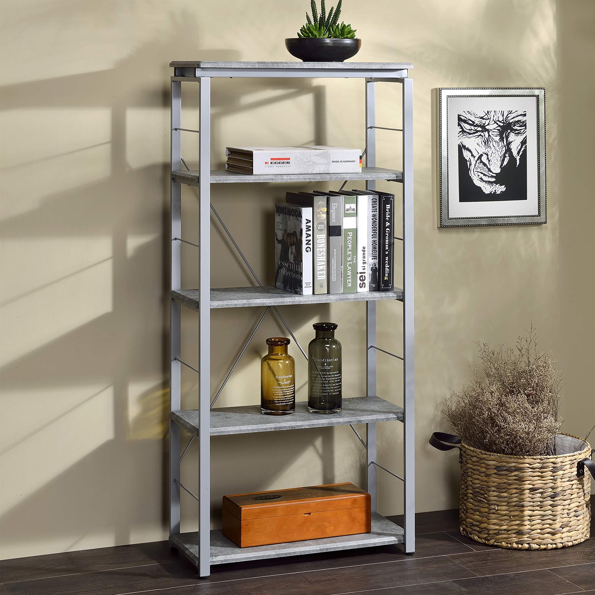 5 Wooden Tiers Rectangular Bookshelf in Gray and Silver - Walmart.com