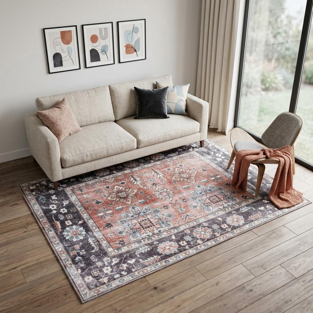 5' X 7' Brick Red and Black Oriental Distressed Non Skid Area Rug ...