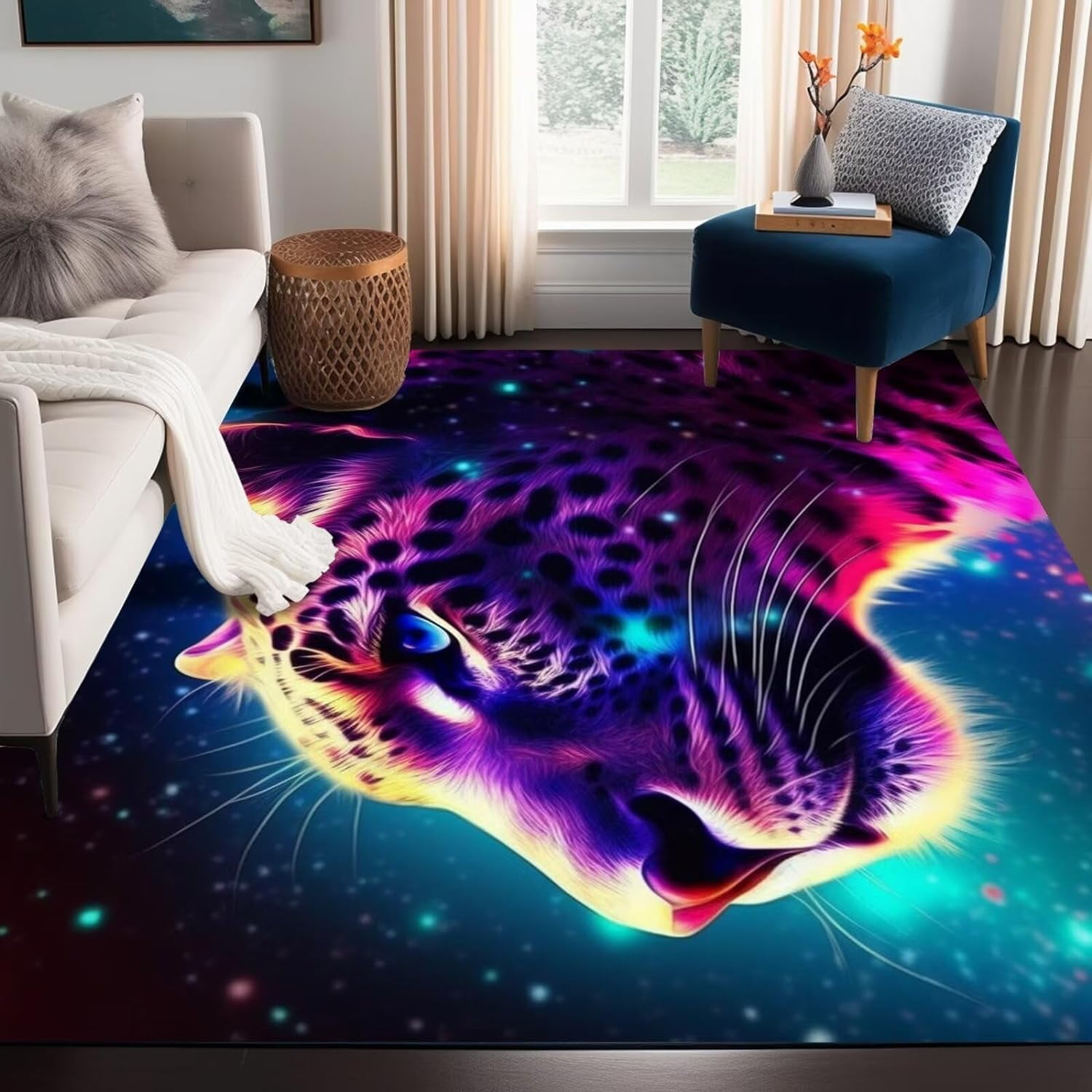 5' X 7' Galaxy Leopard Rug Fierce Panther Head Area Rugs for Boys Kids Bedroom Living Room ...
