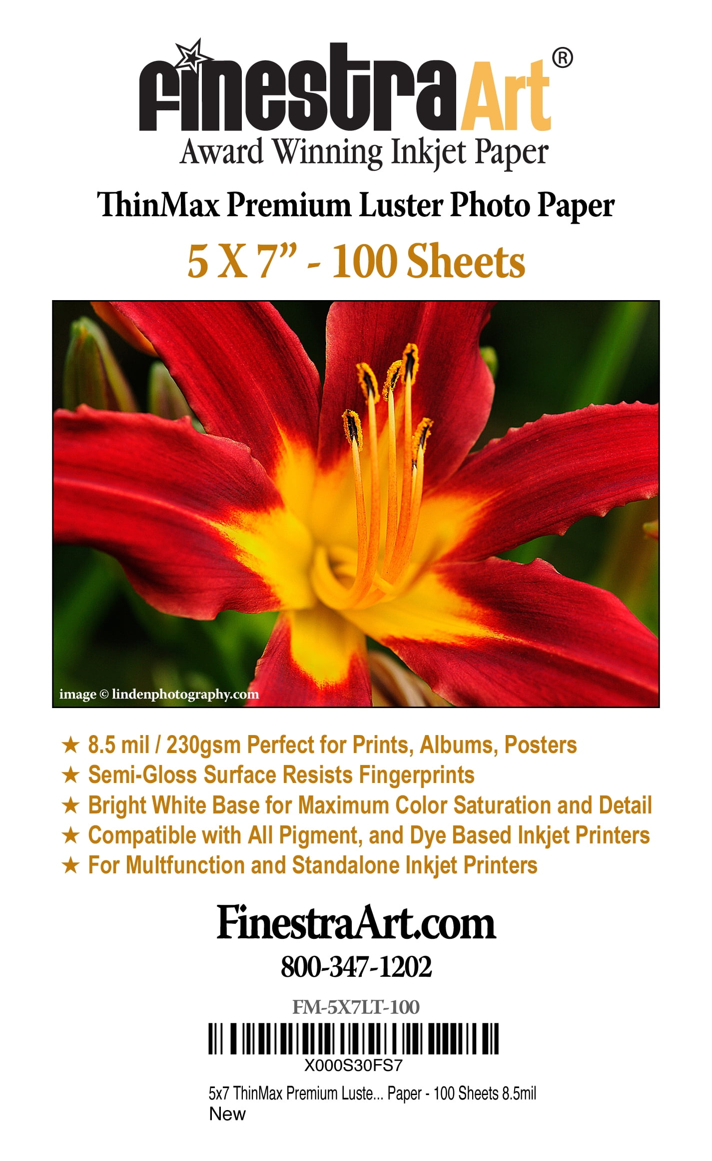 5" X 7" Thinmax Premium Luster Inkjet Photo Paper - 100 Sheets ...