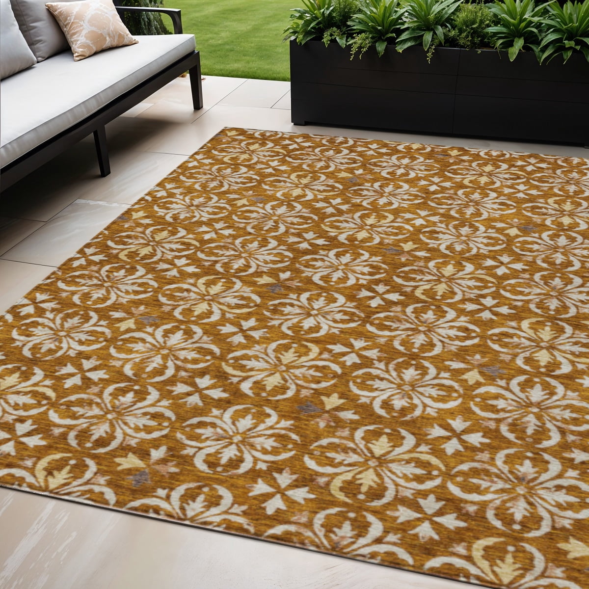 5' X 8' Copper And Beige Floral Washable Indoor Outdoor Area Rug ...