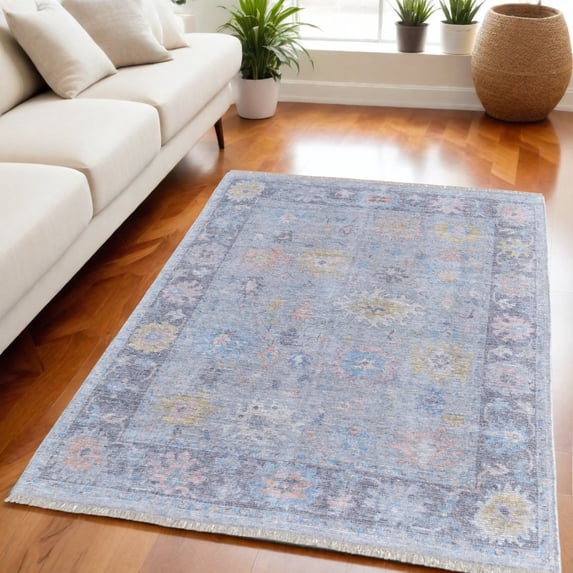 5' X 8' Orange Blue and Gold Floral Hand Woven Distressed Area Rug With ...