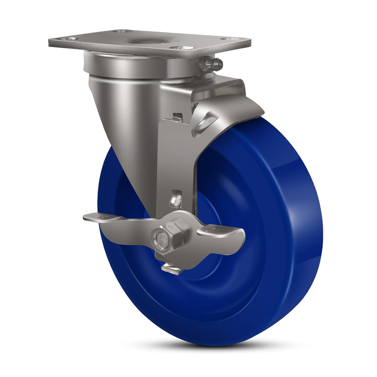 5"X1.25" Stainless Steel Caster, Casters, Blue Solid Polyurethane Wheel ...