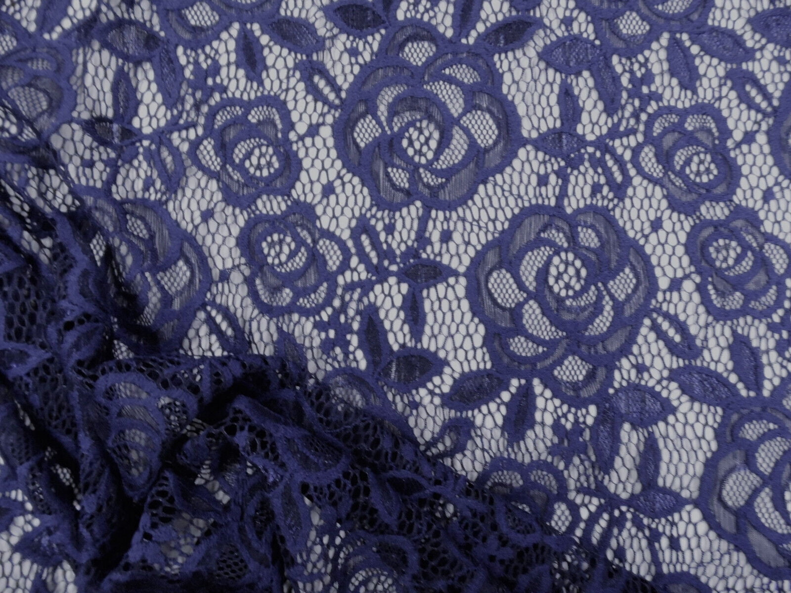 5 Yard Lot Embroidered Stretch Lace Apparel Fabric Sheer Navy Rose ...