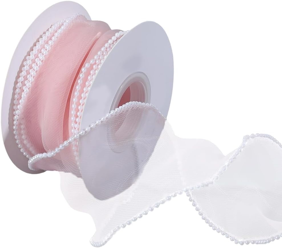 5 Yards 2 3/8 Inch Pearl Edge Organza Ribbon Pink Sheer Mesh Bead ...