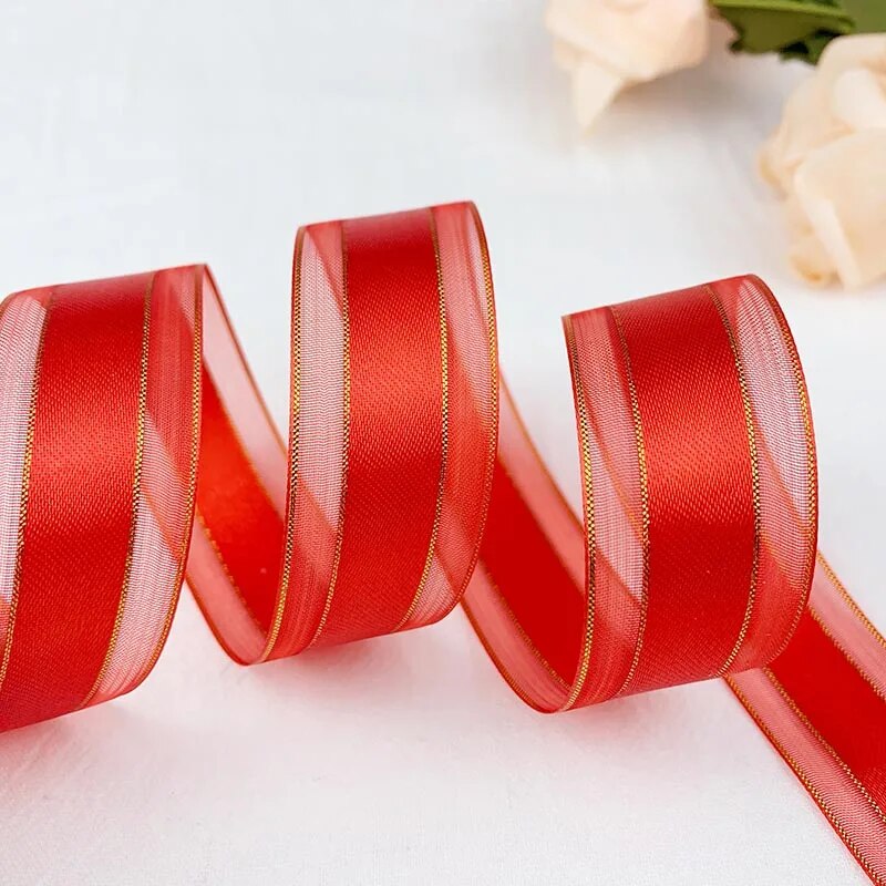 5 Yards 25mm Organza Ribbons Golden Metallic Egde Ribbons For Wedding ...