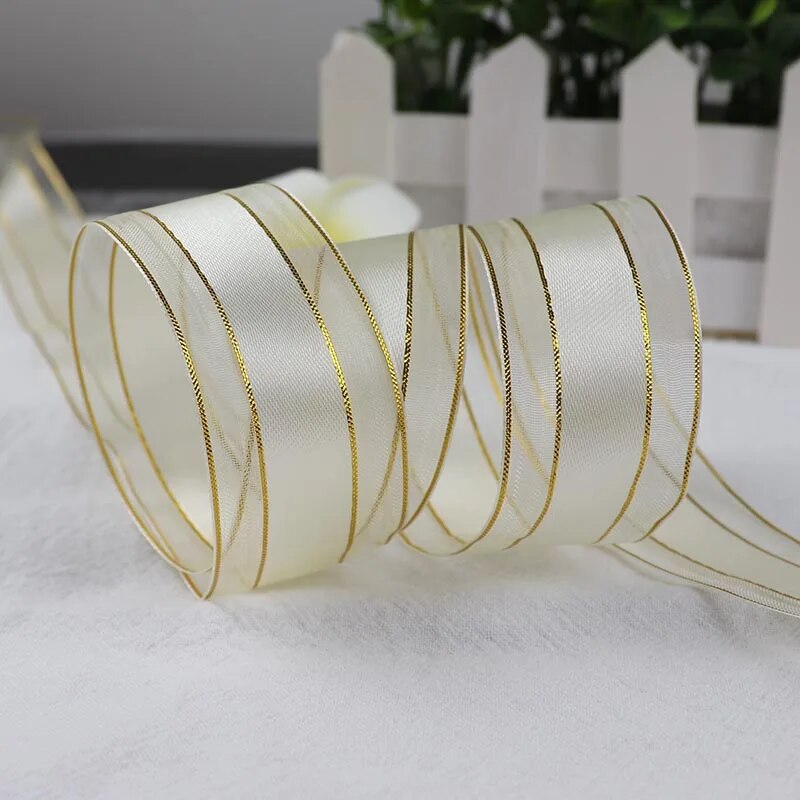 5 Yards 25mm Organza Ribbons Golden Metallic Egde Ribbons For Wedding ...