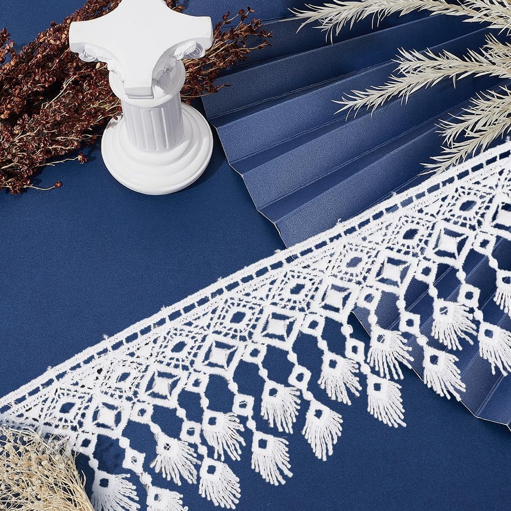 5 Yards Embroidered Tassel Lace Trim White Boho Sewing Fringe Ribbon ...