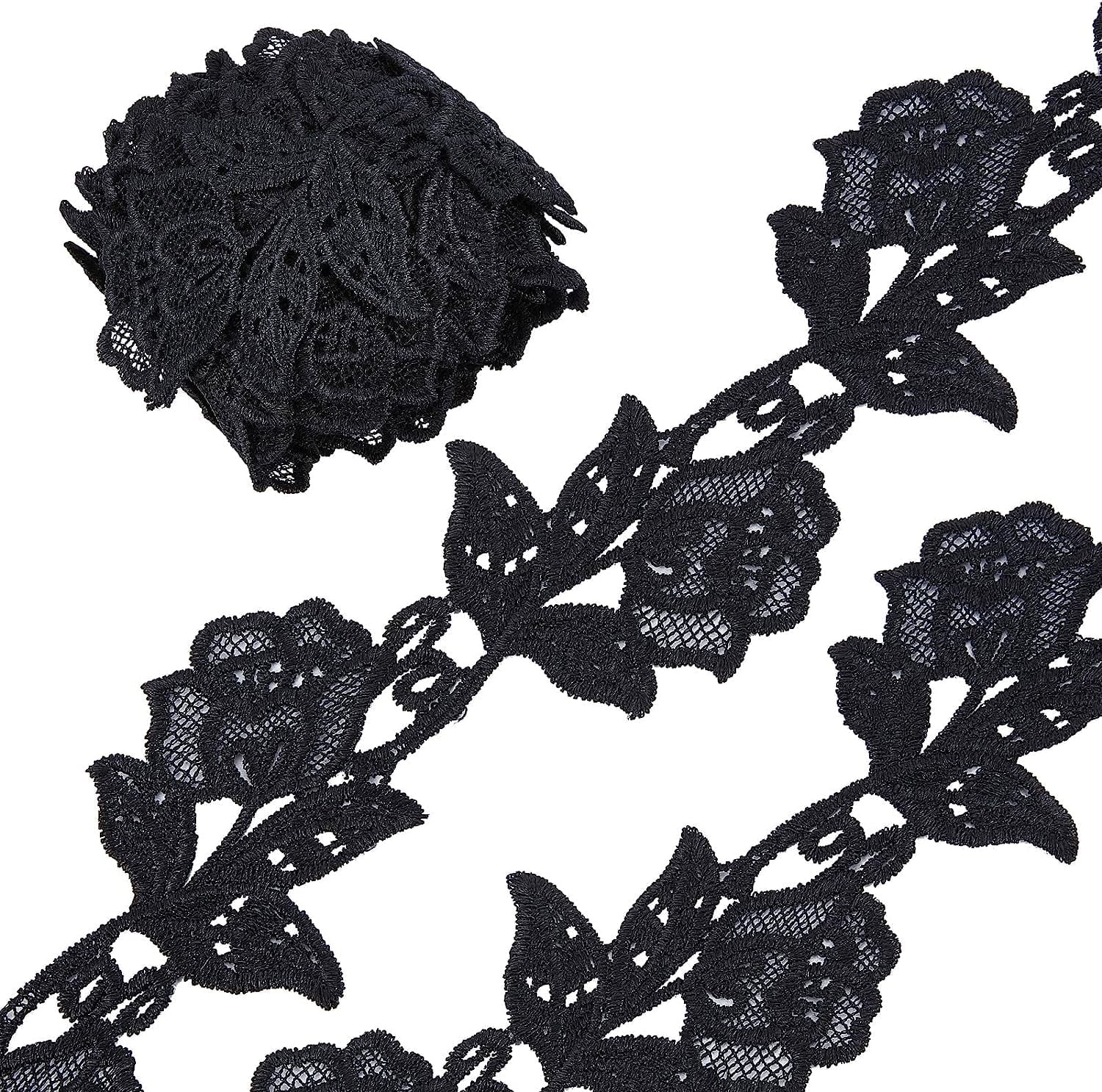 5 Yards Floral Boho Lace Applique Trim 3.2 Wide Black Flower Embroidery ...