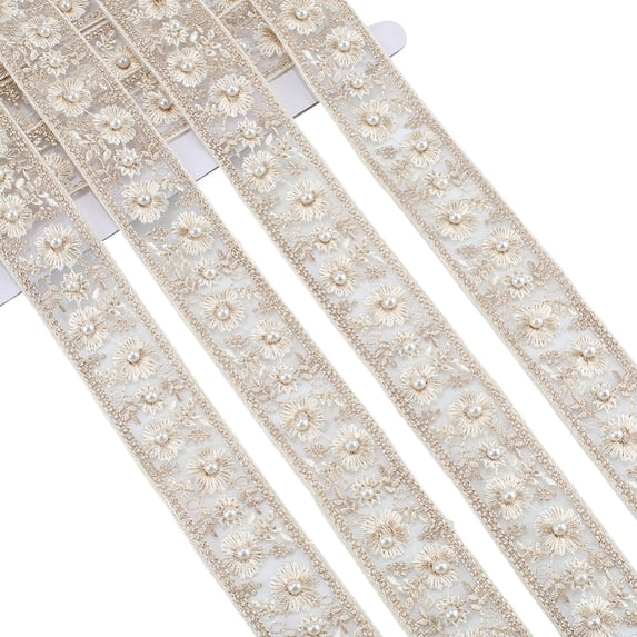 5 Yards Polyester Embroidery Flower Lace Ribbon with Imitation Pearl ...