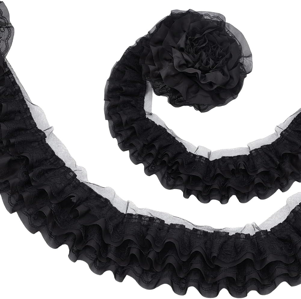 5 Yards Ruffle Lace Trim 4.92 Inch Black Pleated Fabric Ribbon Vintage ...