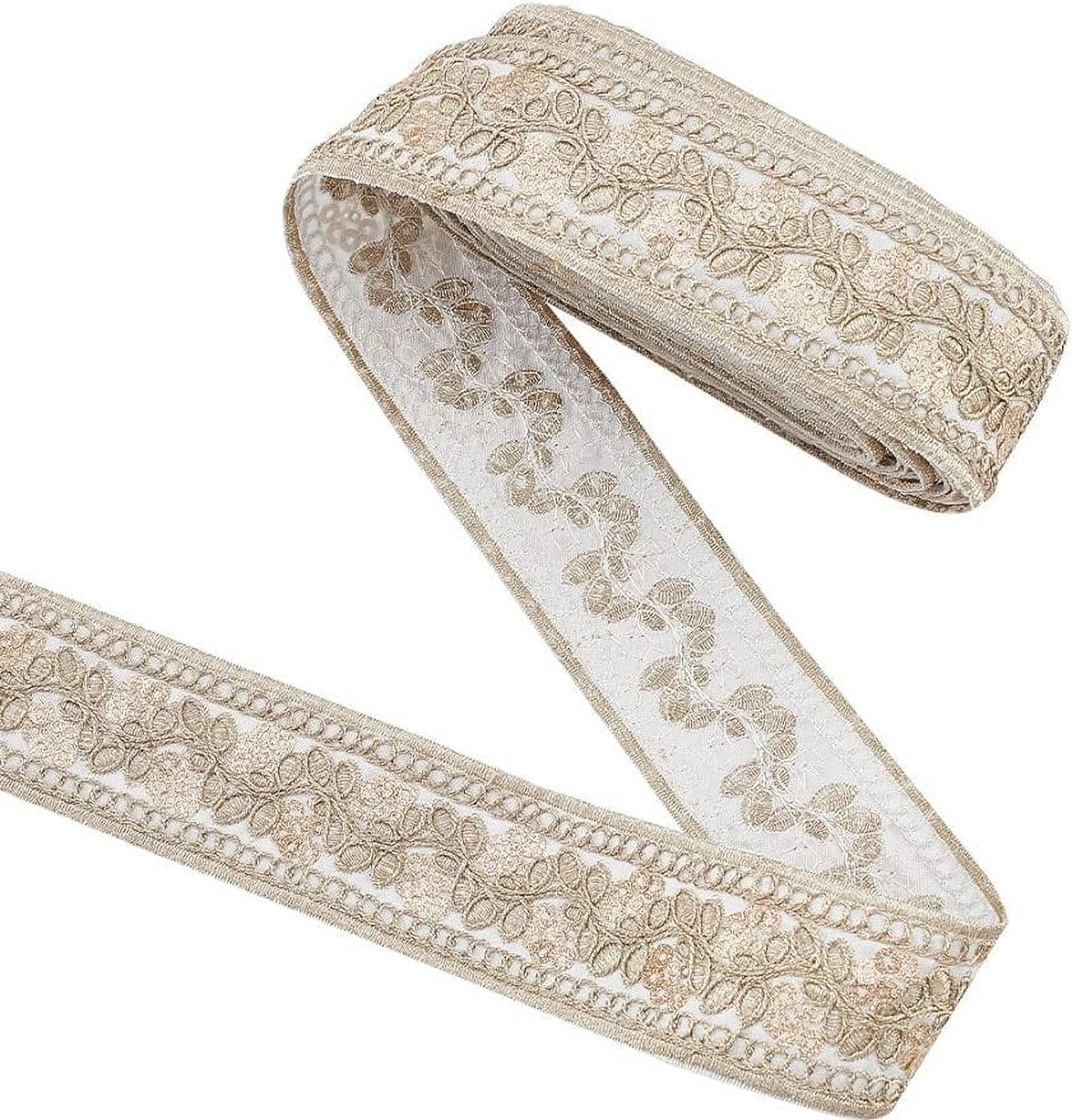 5 Yards Vintage Jacquard Ribbon Trim 40mm White Gold Floral Leaves ...