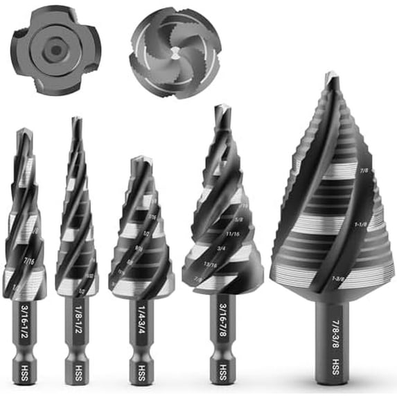 5 count Four Spiral Flute Step Drill Bit Set, 1/8"-/8" Unibit Step ...