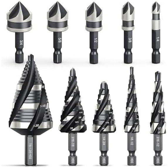 5 count Four Spiral Flute Step Drill Bit Set & 5 count Countersink ...