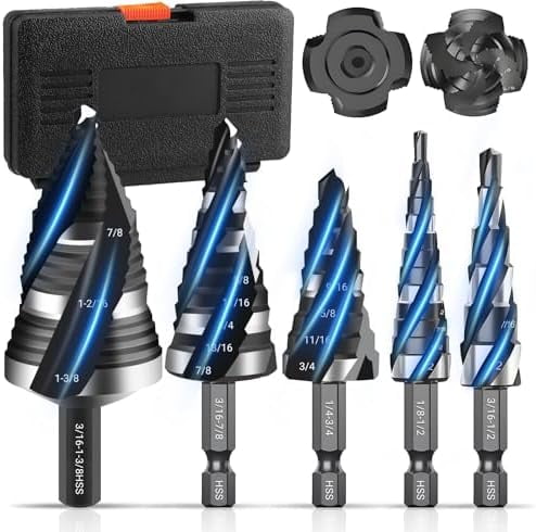 5 count Spiral Step Drill Bit Set, Four-Flute Unibit (1/8"-/8") with 1/ ...