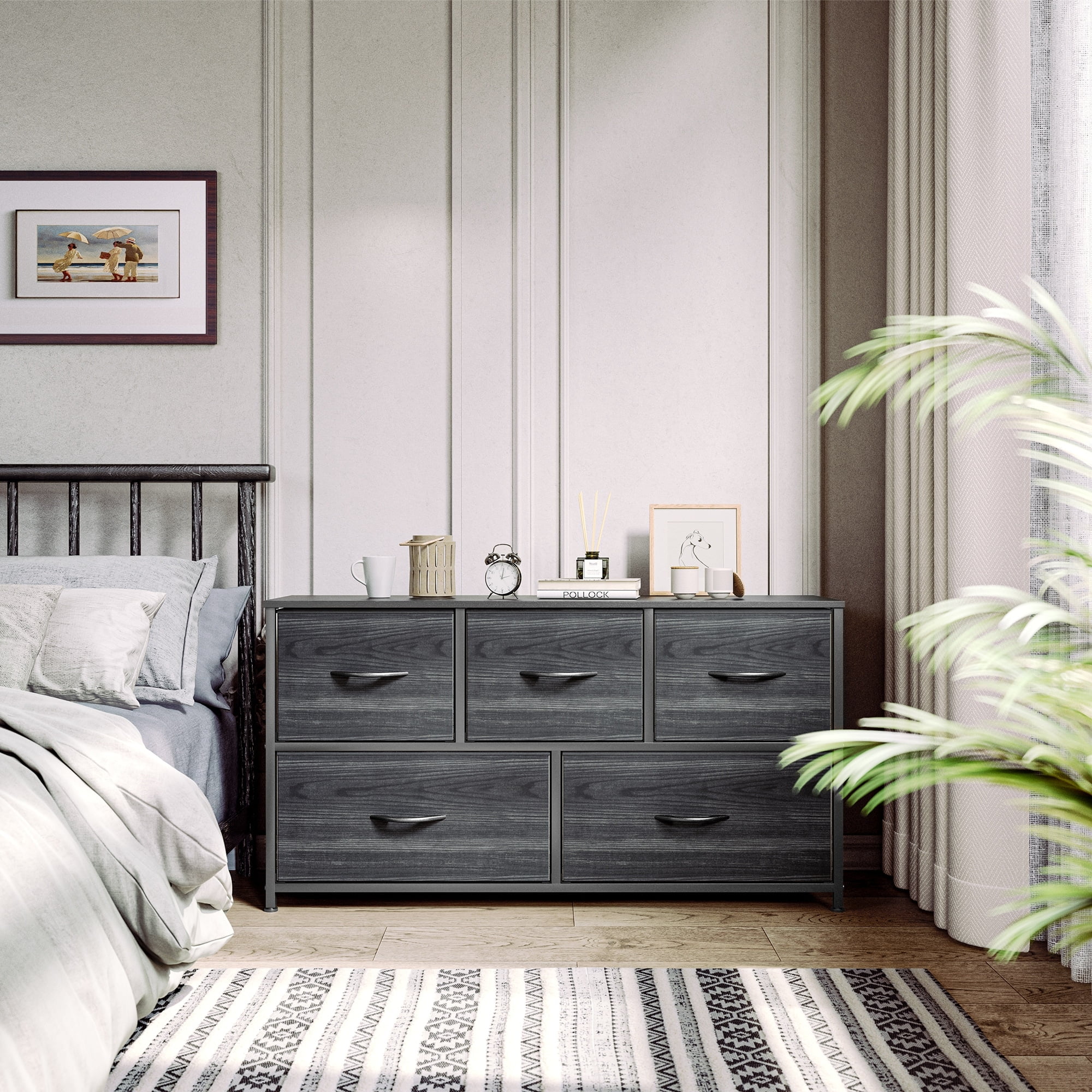 Moasis Modern Dresser, 5 Storage Drawers, Black Hardboard, Fabric, Wood ...