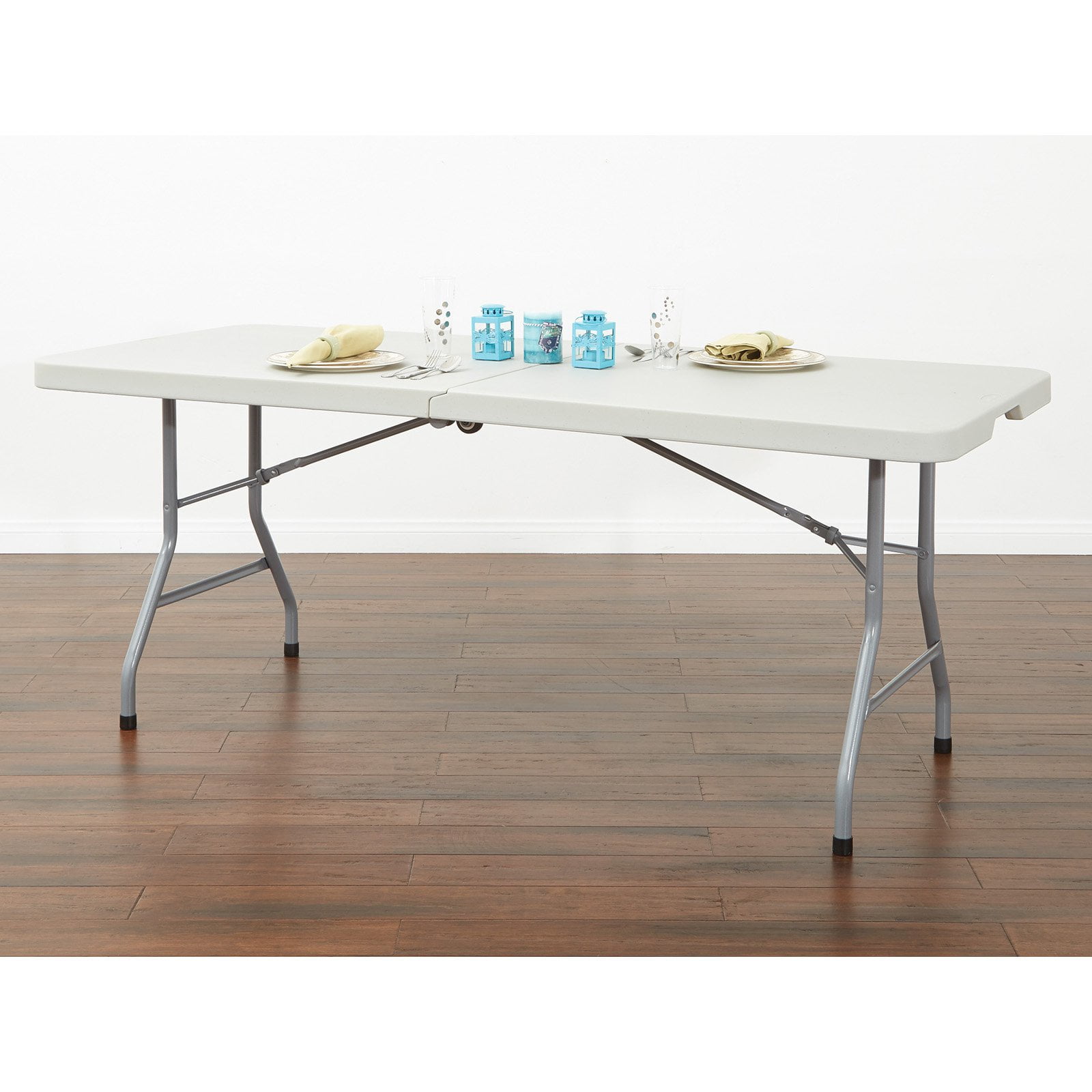 5 foot Light Gray Resin Multi Purpose Center Fold Table with Wheels ...