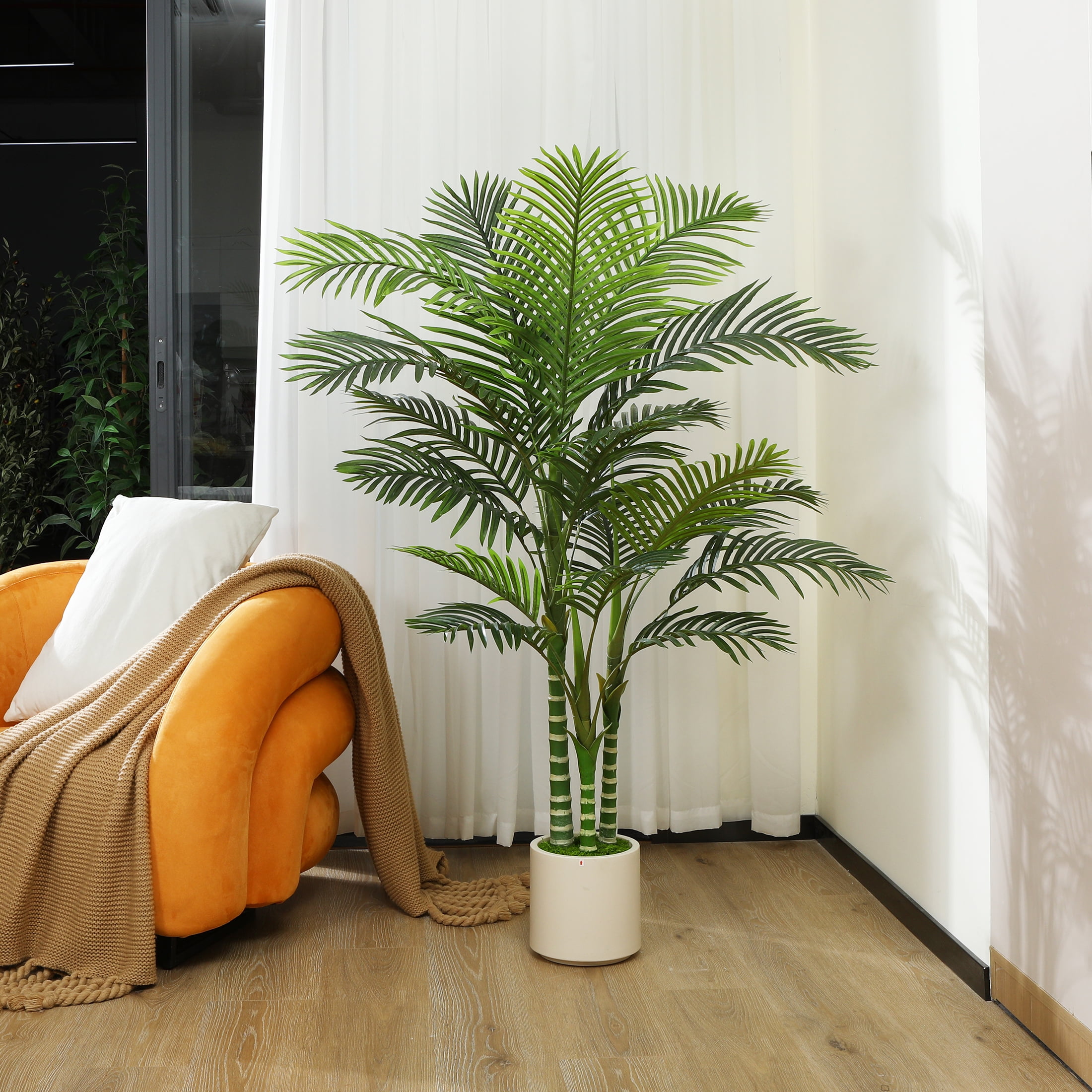 5 ft Artificial Golden Cane Palm Tree with Large White Planter, Faux ...