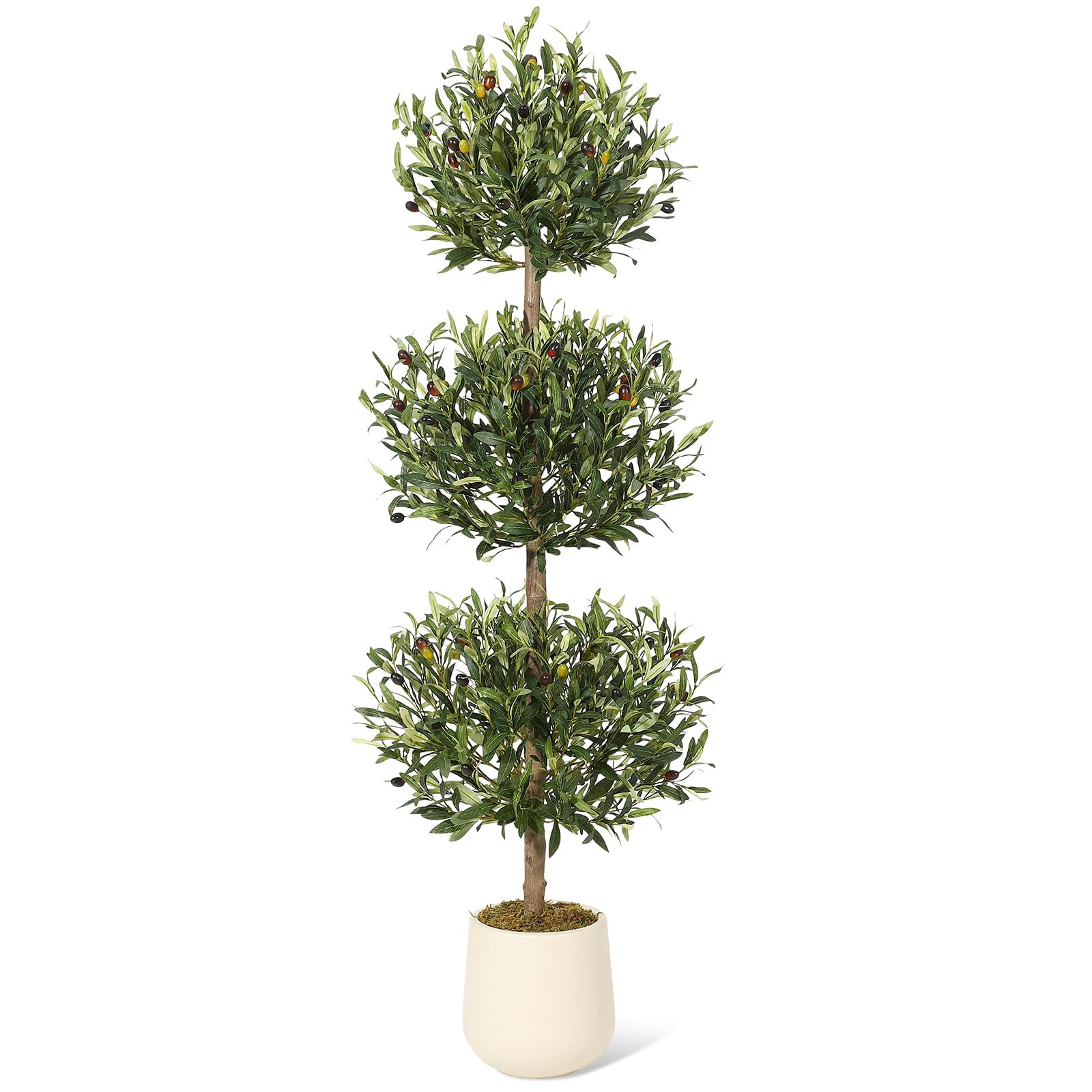 5 ft Artificial Olive Tree, Triple Ball Topiary Faux Plant with Moss ...