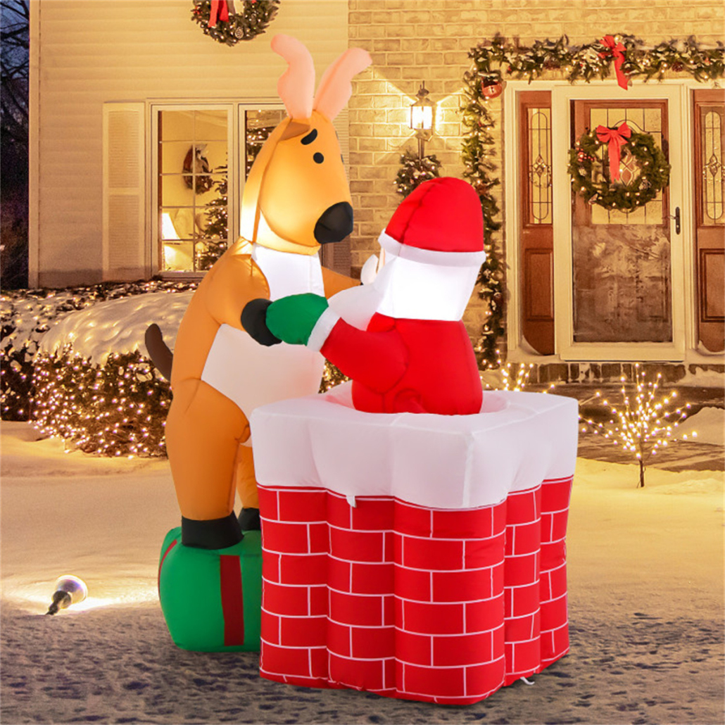 5 ft Christmas Inflatable Santa Claus Climbing Chimney with Reindeer ...